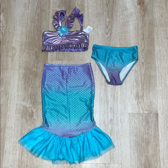 Swim | Disney Little Mermaid Ariel 3 Piece Swimsuit Tail Skirt Top ...